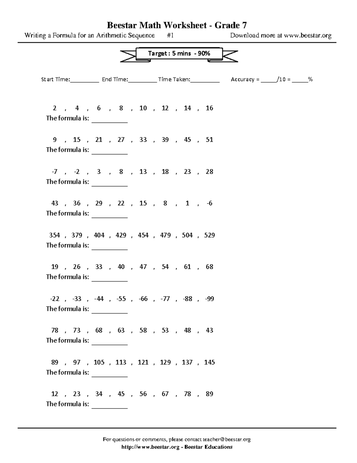 Beestar Math Worksheet Grade 7: Writing Formulas for Sequences - Studocu