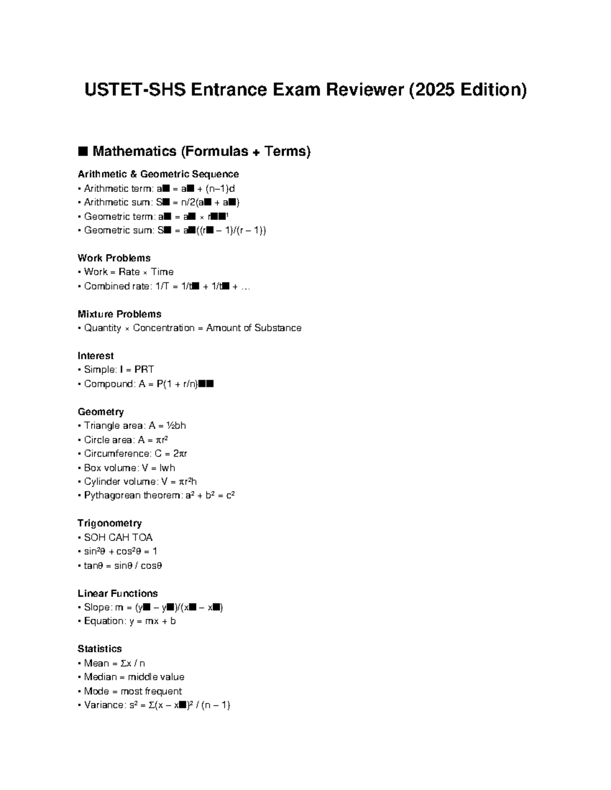 Entrance Exam Reviewer (2025) - Mathematics Formulas & Concepts - Studocu