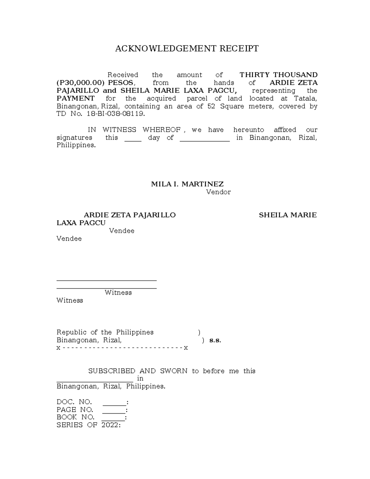 Acknowledgement Receipt for Land Payment Transactions - Studocu