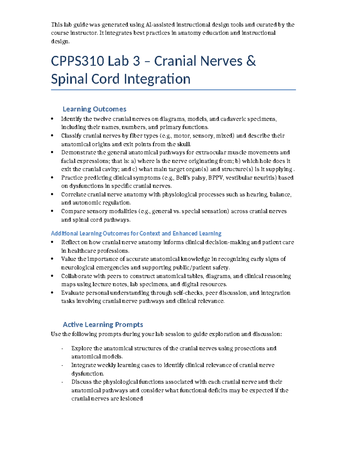 Lab 3: Cranial Nerves & Spinal Cord Integration Guide (CPPS310) - Studocu