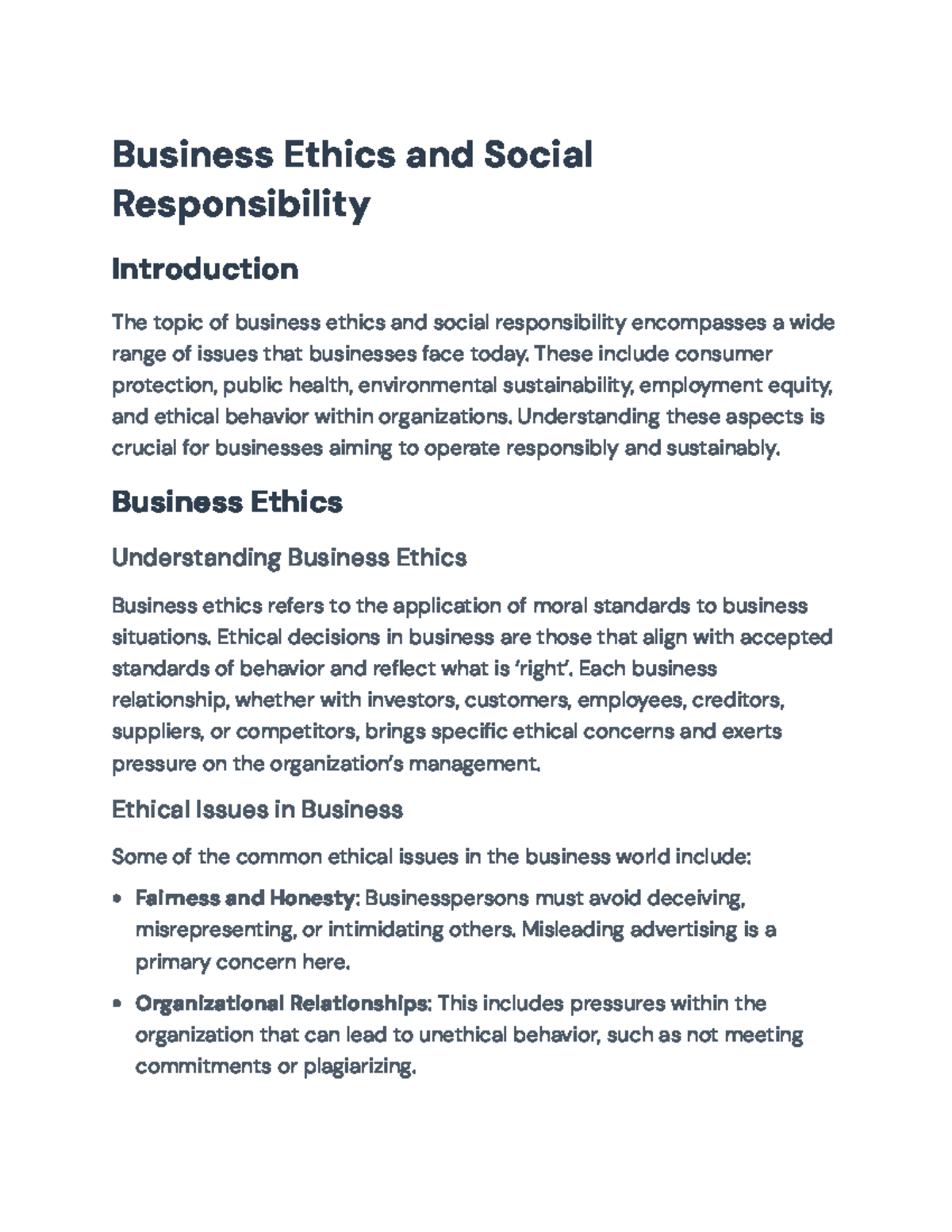 Business Ethics and Social Responsibility Overview - BA 101 Final Exam ...