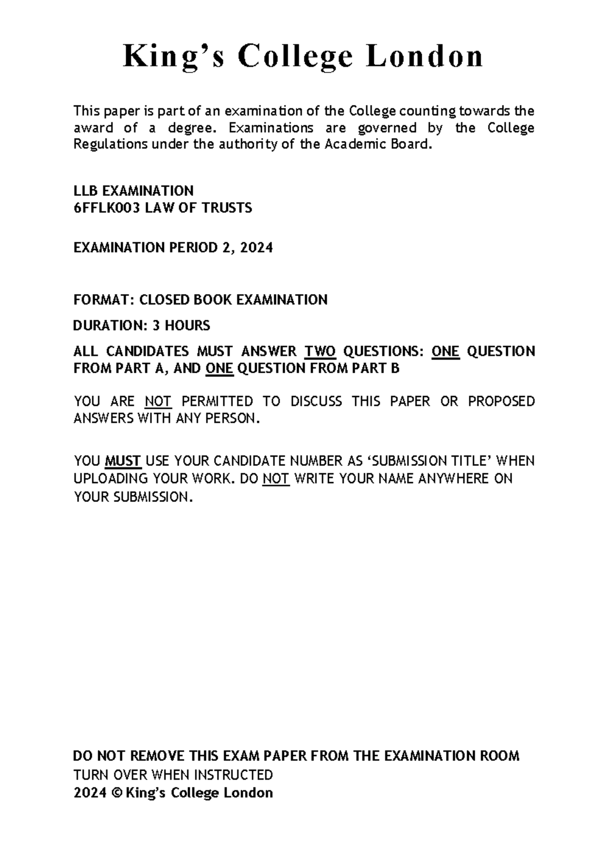 6FFLK003 Law of Trusts Exam Paper - Cohort Teamco 2024 - Studocu
