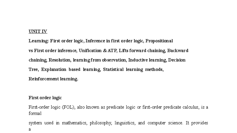 AI UNIT-4: First Order Logic, Inference, and Learning Methods - Studocu
