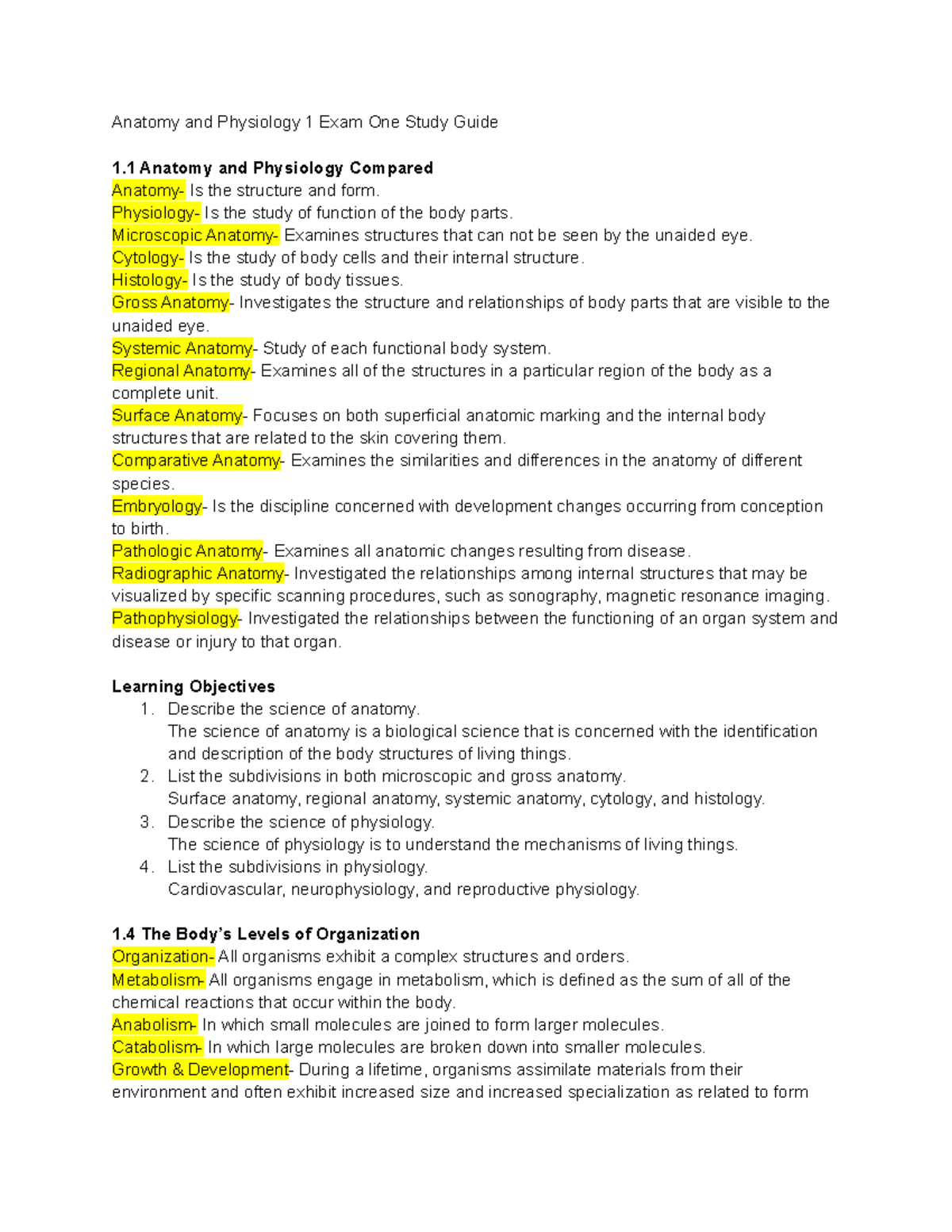 Anatomy and Physiology 1 Exam One Study Guide: Key Concepts and Terms ...