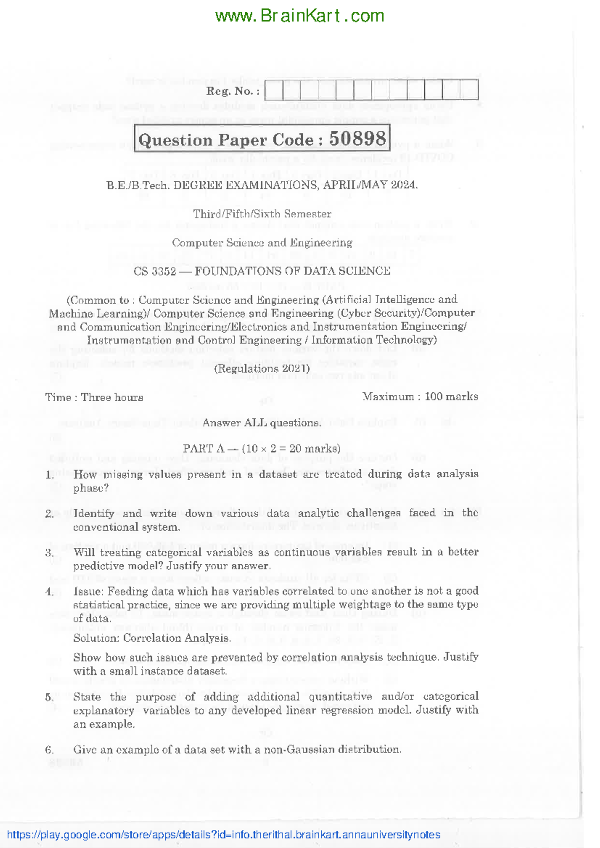 Foundation of Data Science CS3352 2021 Reg - Question Paper April-May ...