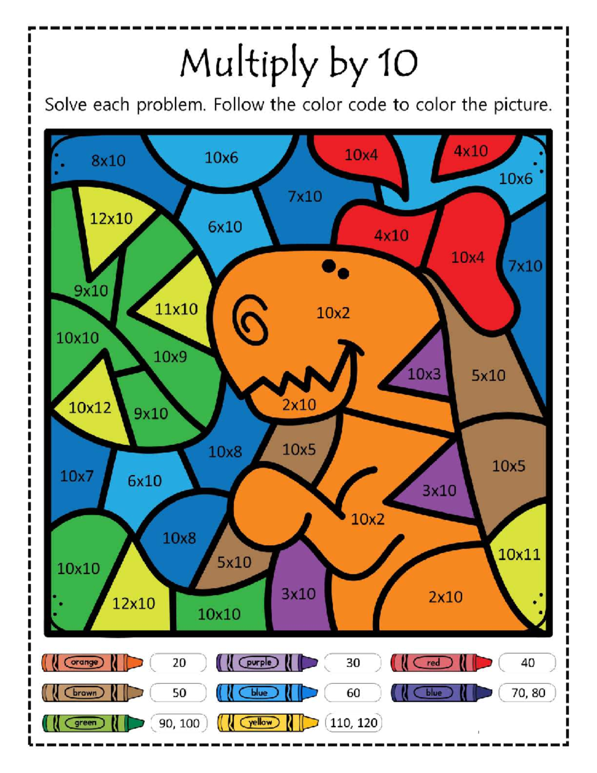 Dinosaur Multiplication Color by Number: Multiply by 2, 3, 4, 5, 10, 12 ...