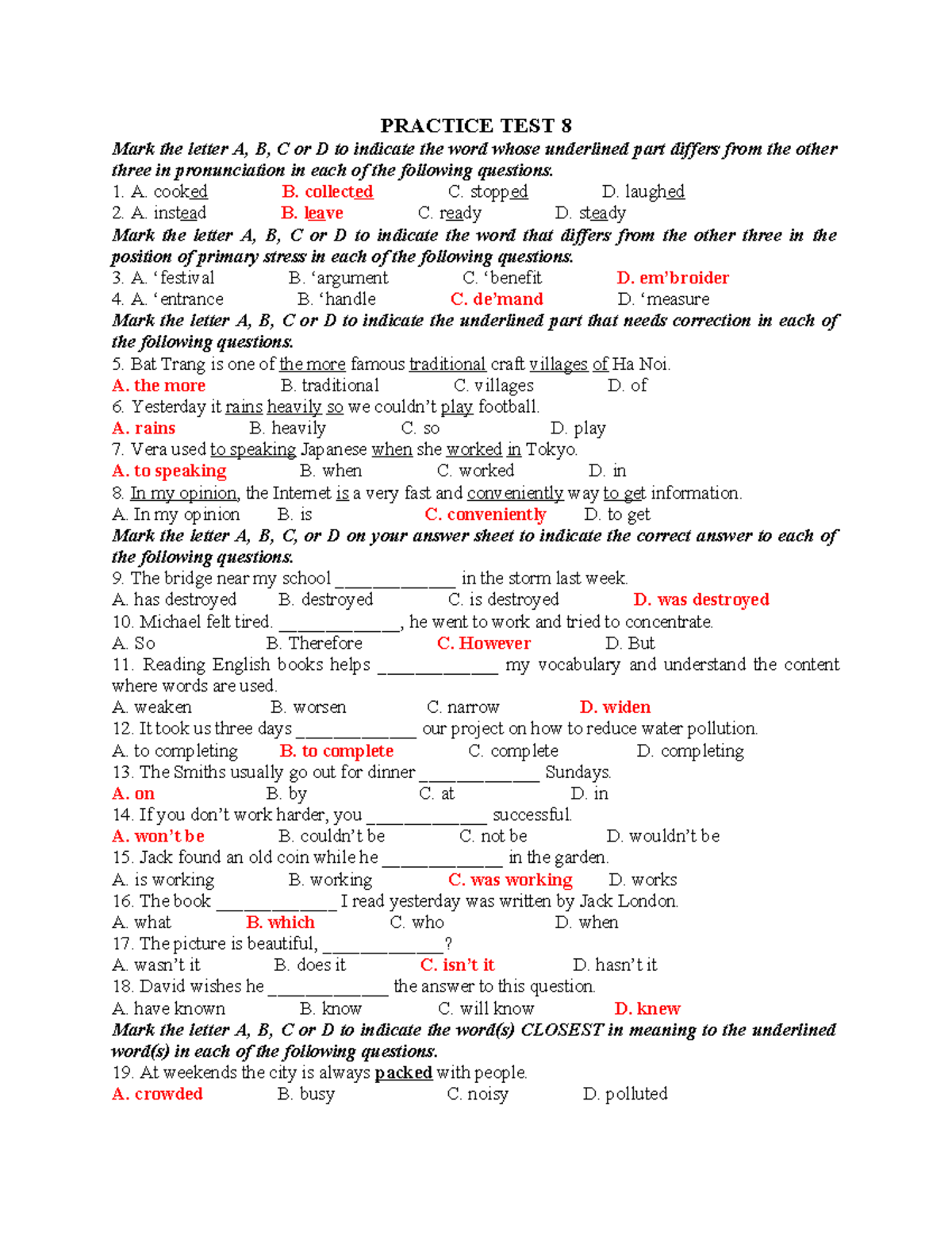 Practice Test 8: Pronunciation, Stress, and Grammar Questions - Studocu