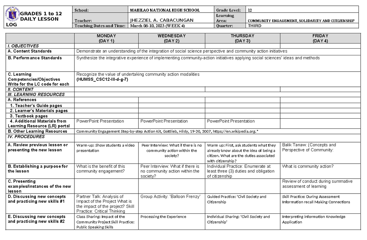646870196 DLL CESC Q1 W4 - GRADES 1 to 12 DAILY LESSON LOG School ...
