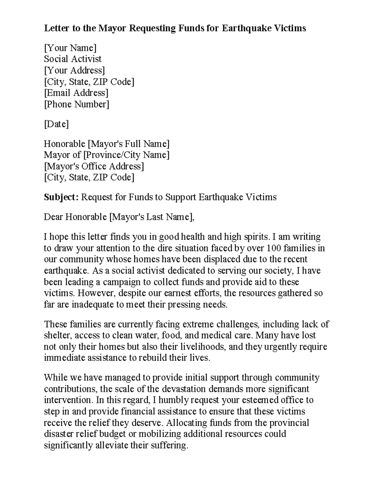 Persuasive letter - Notes - Letter to the Mayor Requesting Funds for ...