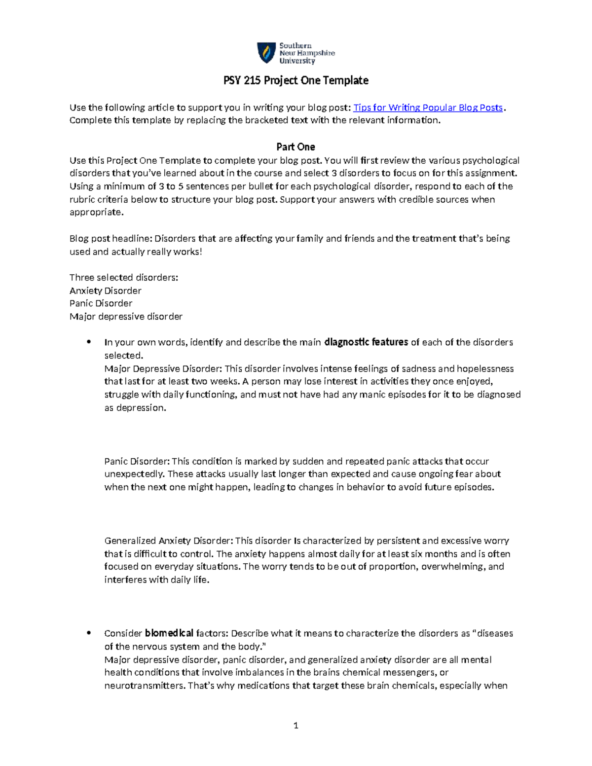 PSY 215 Project One: Understanding Psychological Disorders and ...