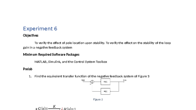 Prelab EXP6: Analyzing Stability Effects in Feedback Systems - Studocu