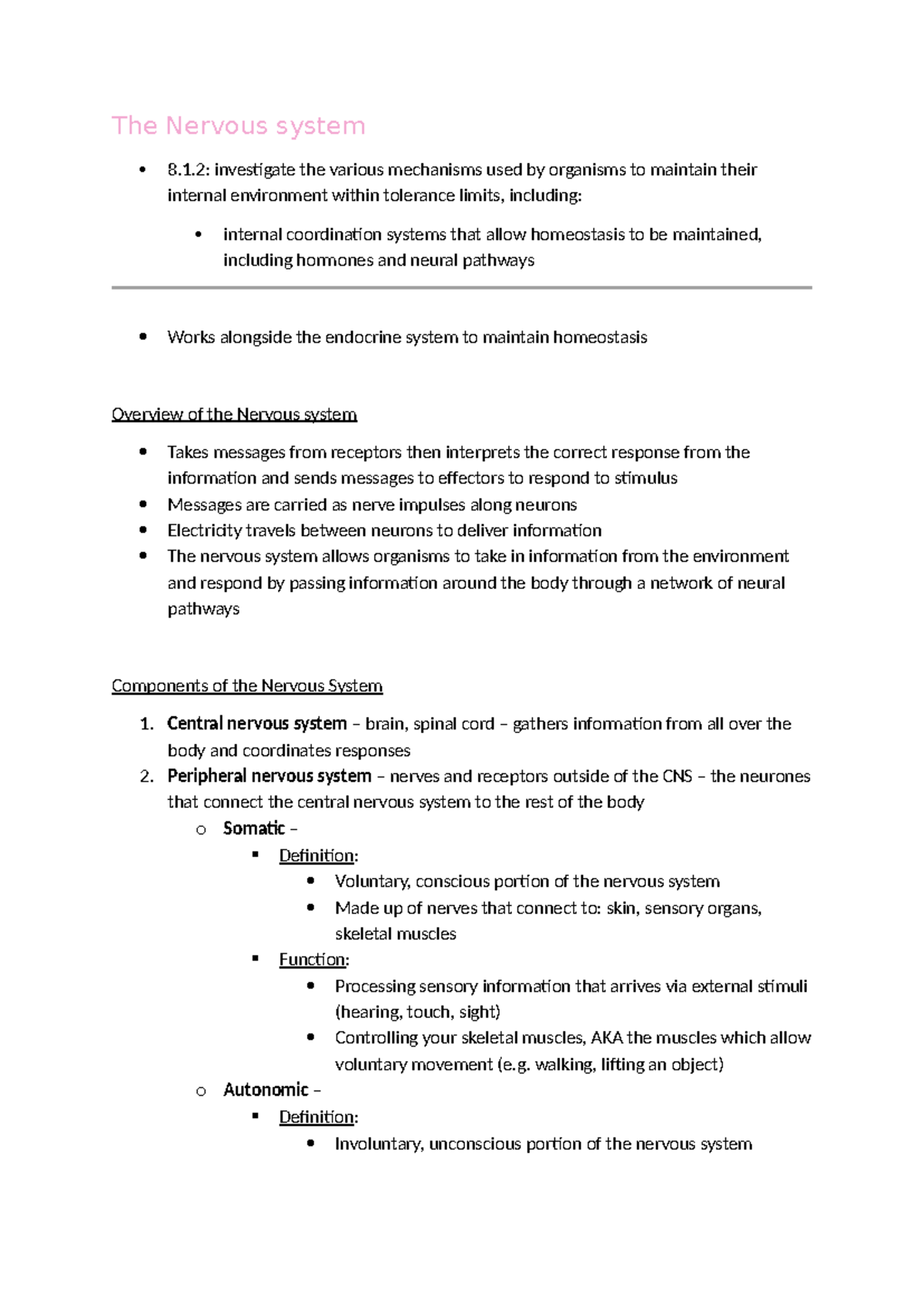 Nervous System Overview: Homeostasis Mechanisms & Neuronal Function - Studocu