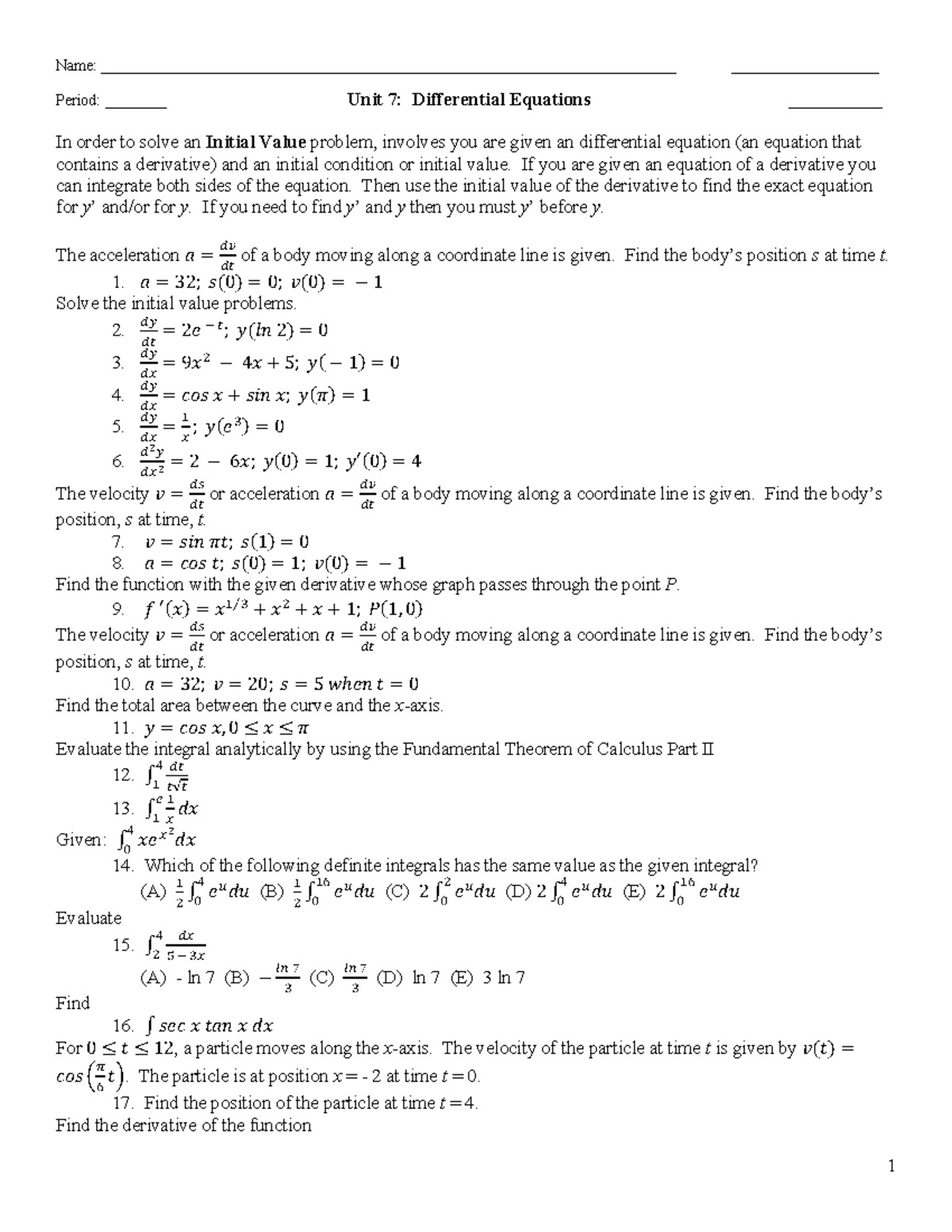 AP Calculus BC Unit 7 Differential Equations Practice Questions - Studocu