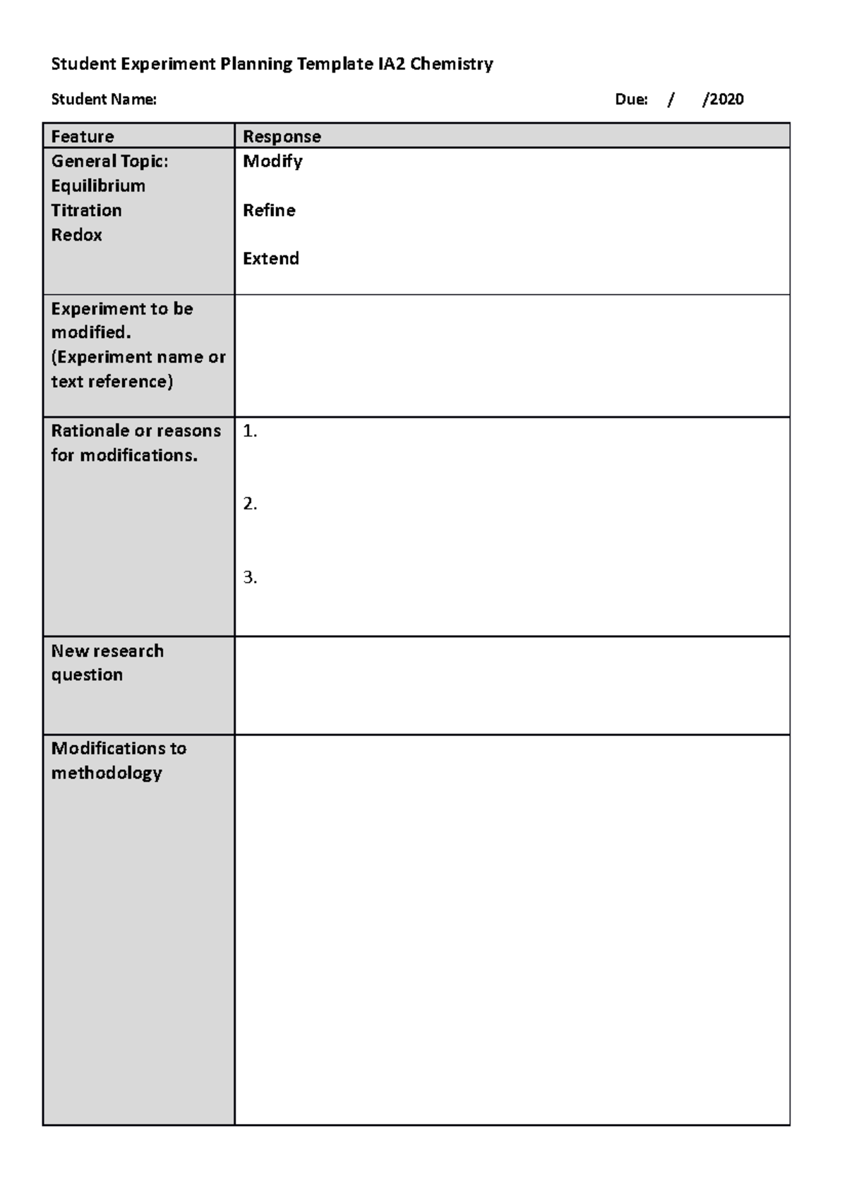 Student Experiment Planning Template Chemistry - Student Experiment ...