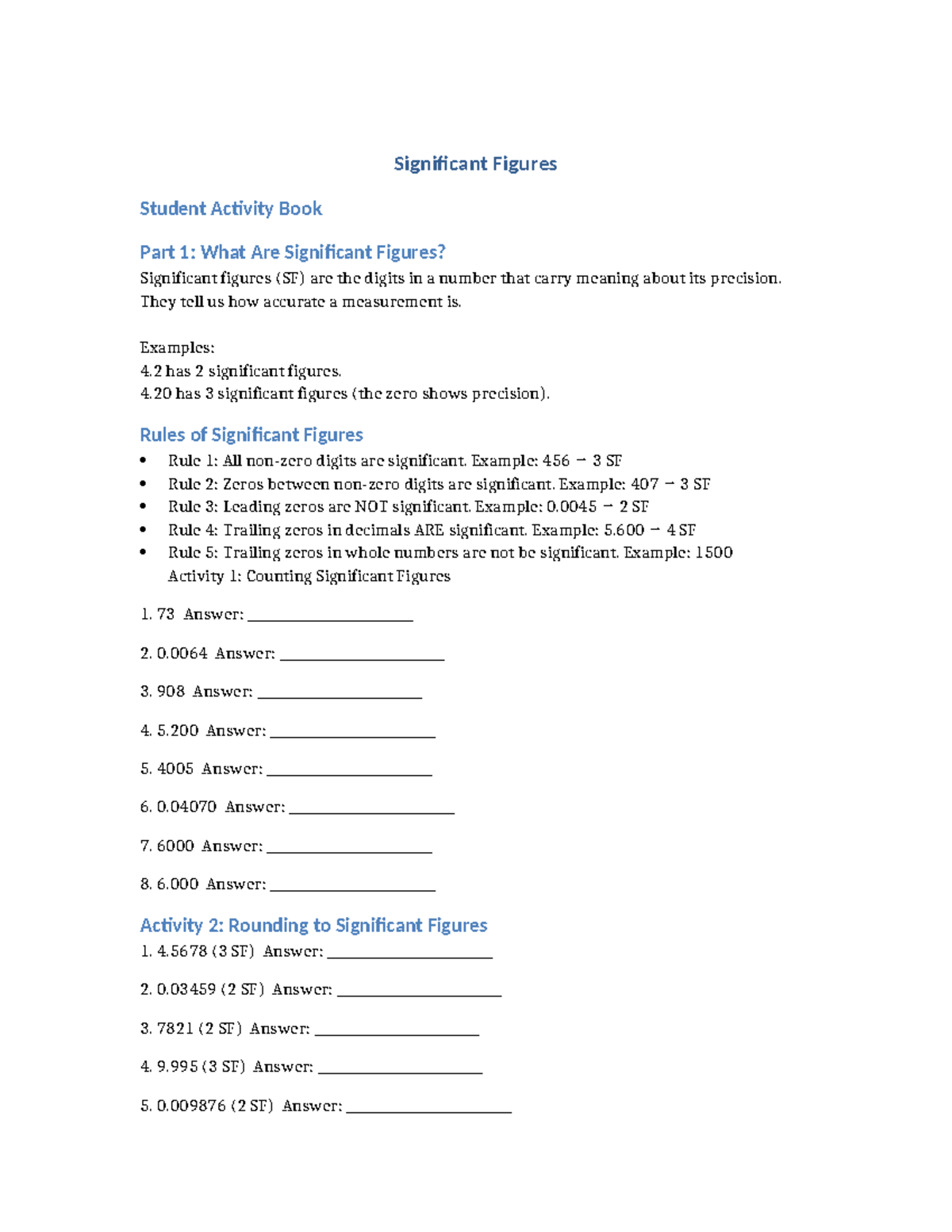 Significant Figures Activity Book Part 1: Understanding SF Rules - Studocu
