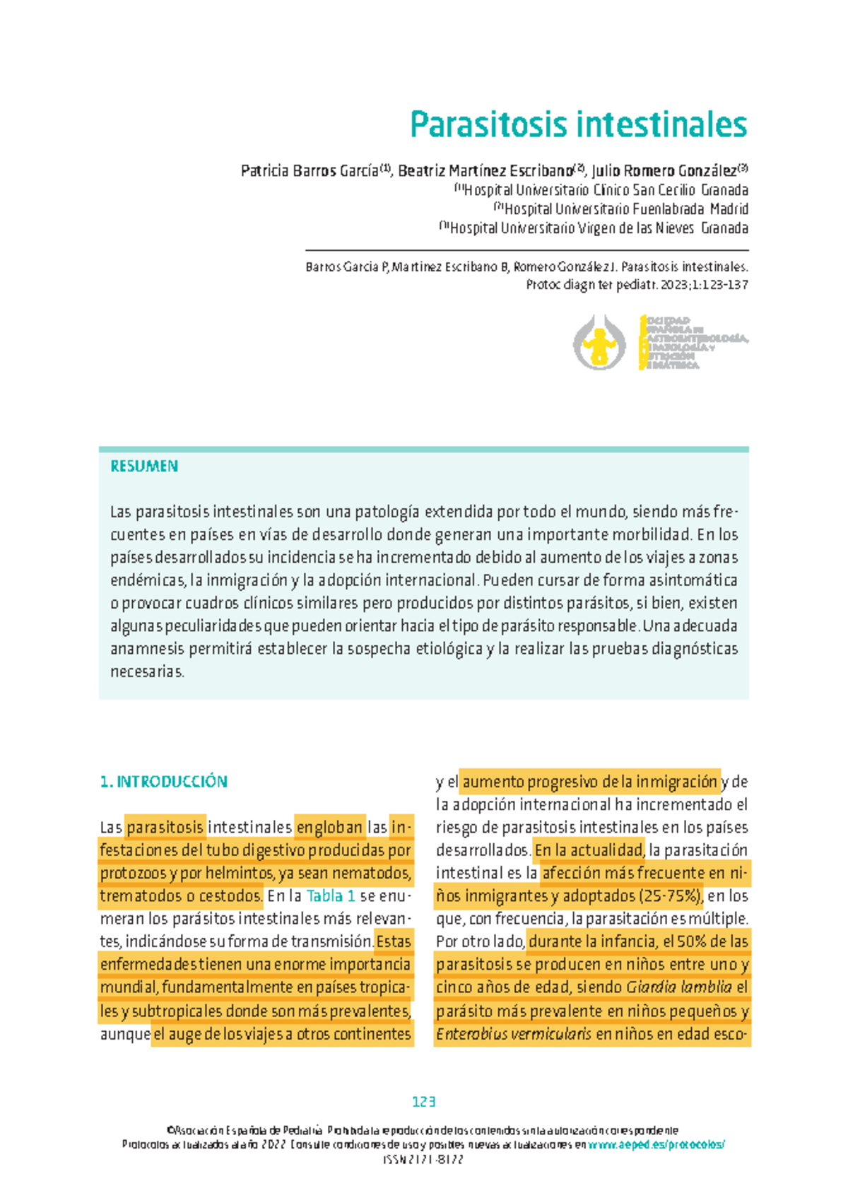 Parasitosis Intestinales en Pacientes Pediátricos: Protocolo 2023 - Studocu
