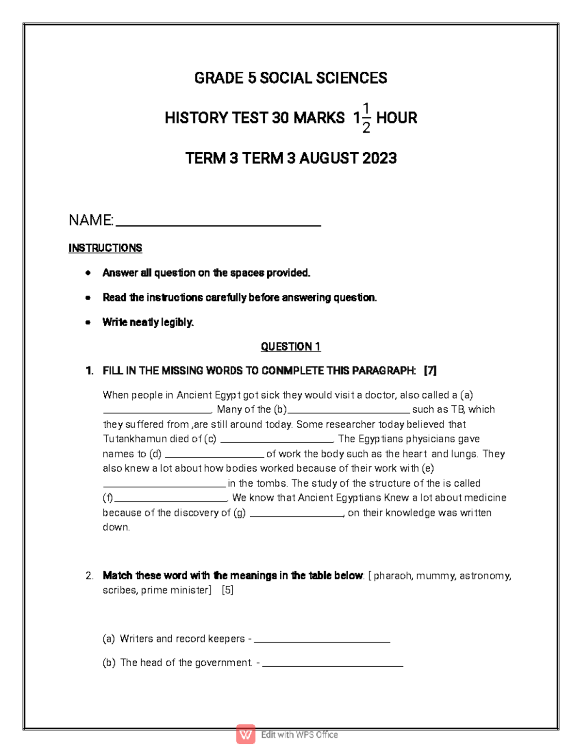 Grade 5 SS History Test - Term 3 2023 (30 Marks) - Studocu