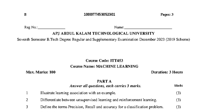 ITT453 - Machine Learning Dec 2023: Question Paper for B.Tech Exam ...