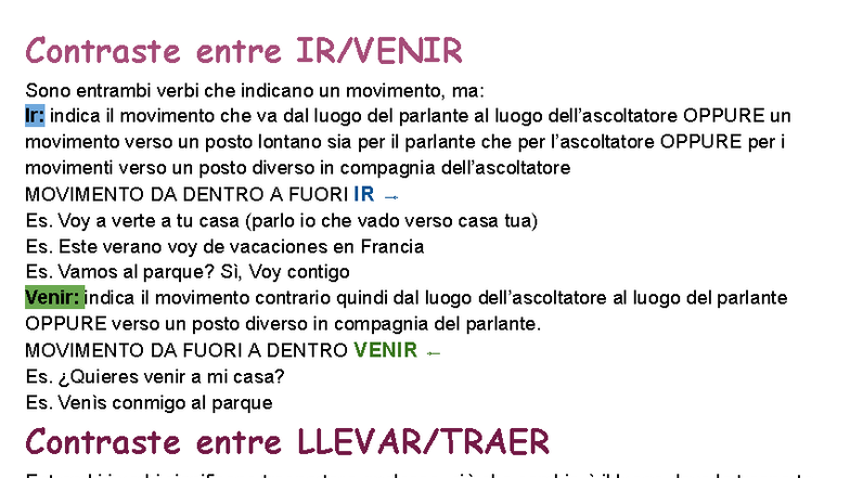 Contraste tra Verbi: Ir, Venir, Traer e Llevar - Studocu