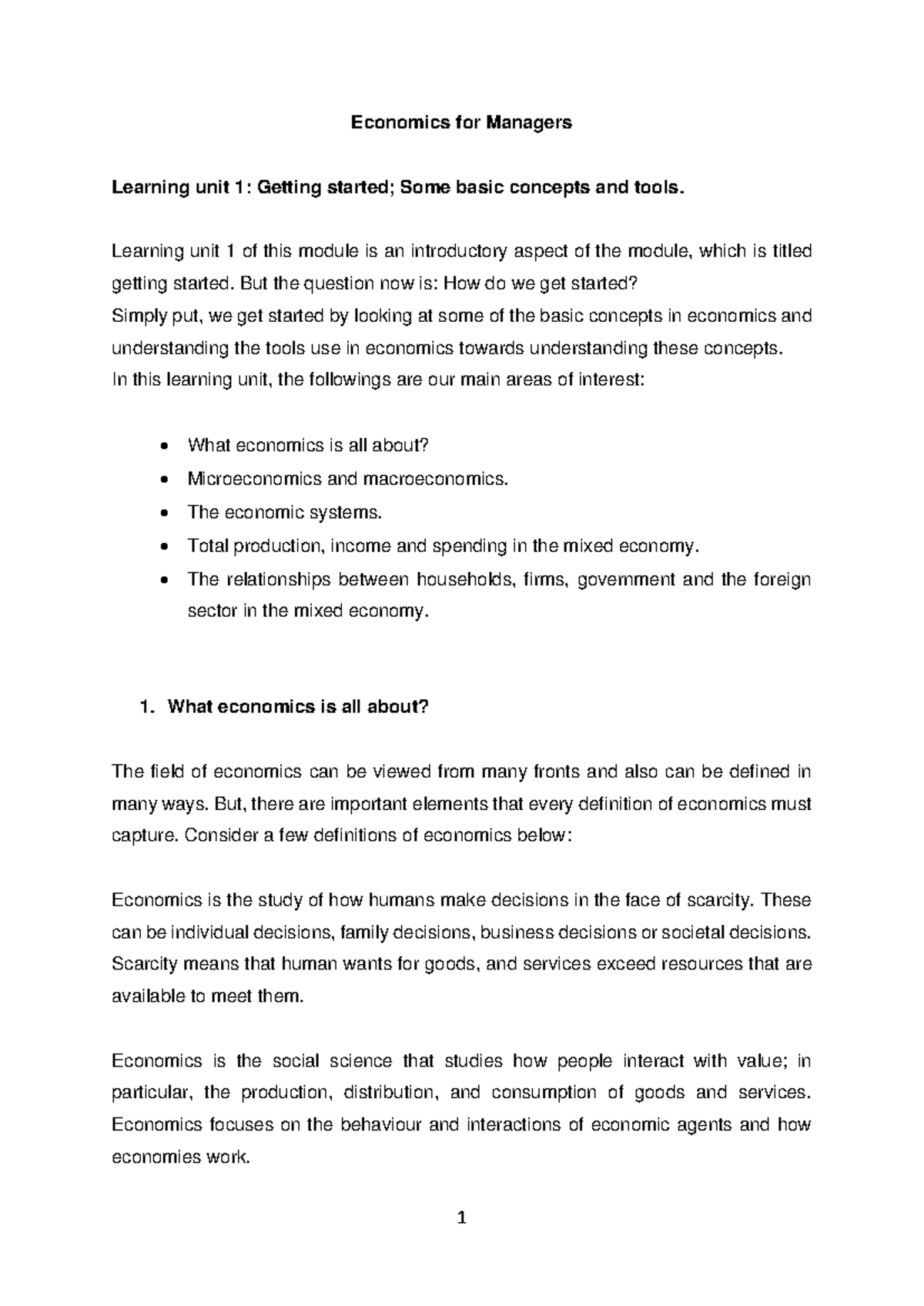 Economics for Managers: Learning Unit 1 - Intro to Basic Concepts - Studocu