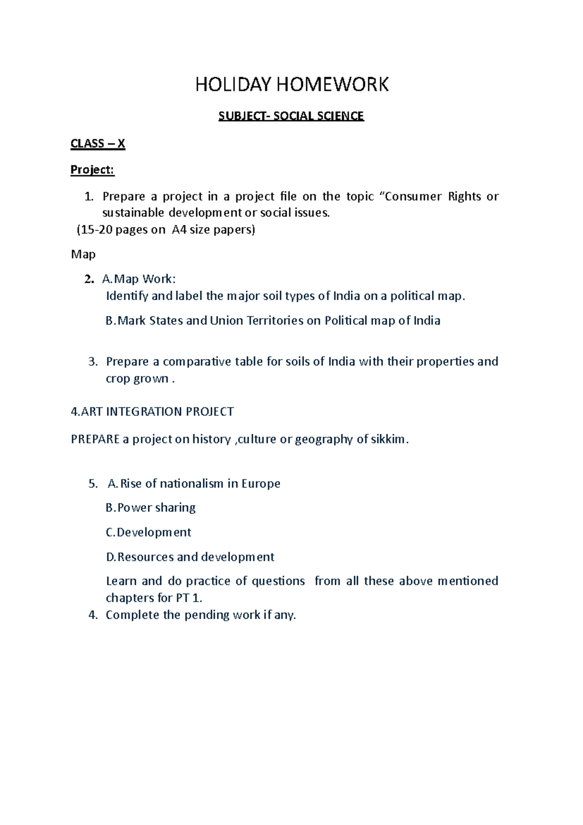 HOLIDAY HOMEWORK: SOCIAL SCIENCE CLASS X Project Guidelines - Studocu