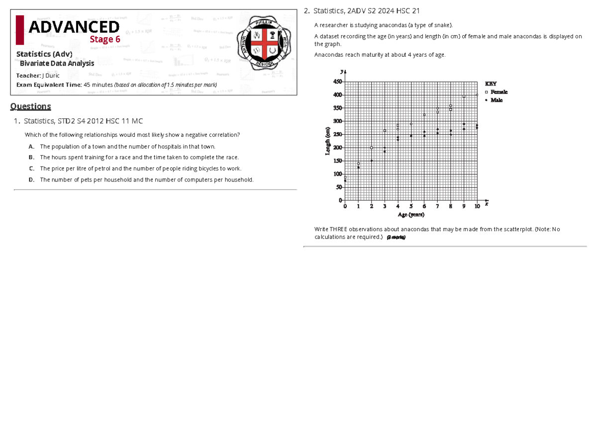 Bivariate Data Practice Questions for Statistics 2ADV S2 2024 HSC - Studocu