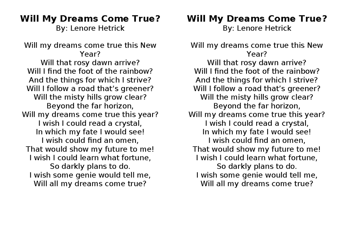 Poetry Analysis: Will My Dreams Come True? (Midterm Essay) - Studocu
