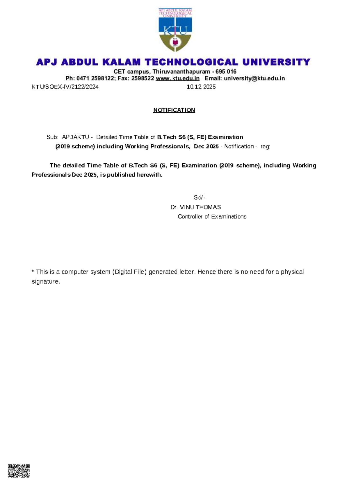 APJAKTU B.Tech S6 Exam Dec 2025 Detailed Time Table Notification - Studocu