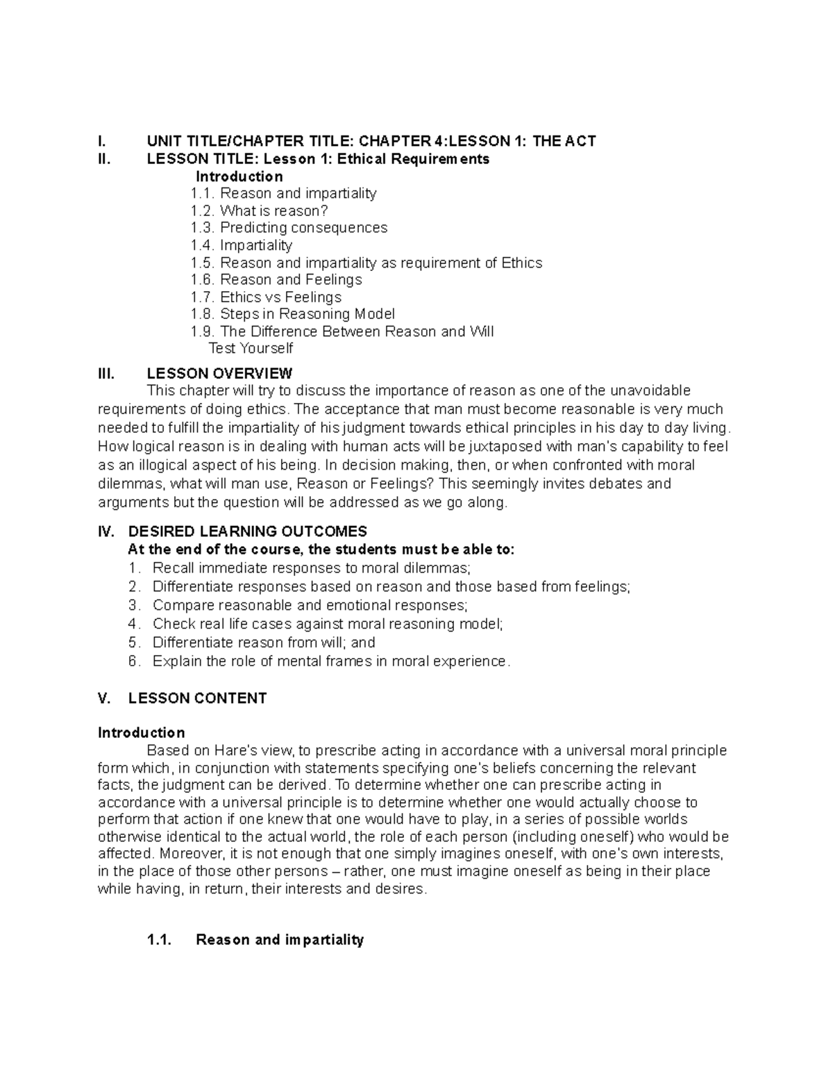 Ethics Module 4: Chapter 4 - Lesson 1: Reason and Impartiality - Studocu