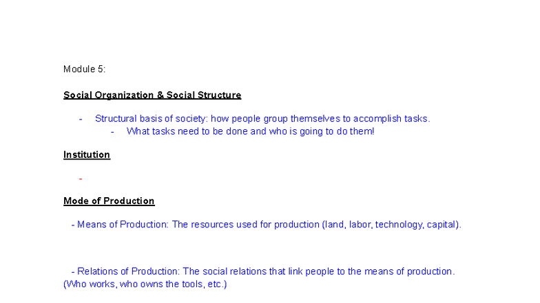 MT2 Study Guide: Module 6 - Social Organization & Production Systems ...