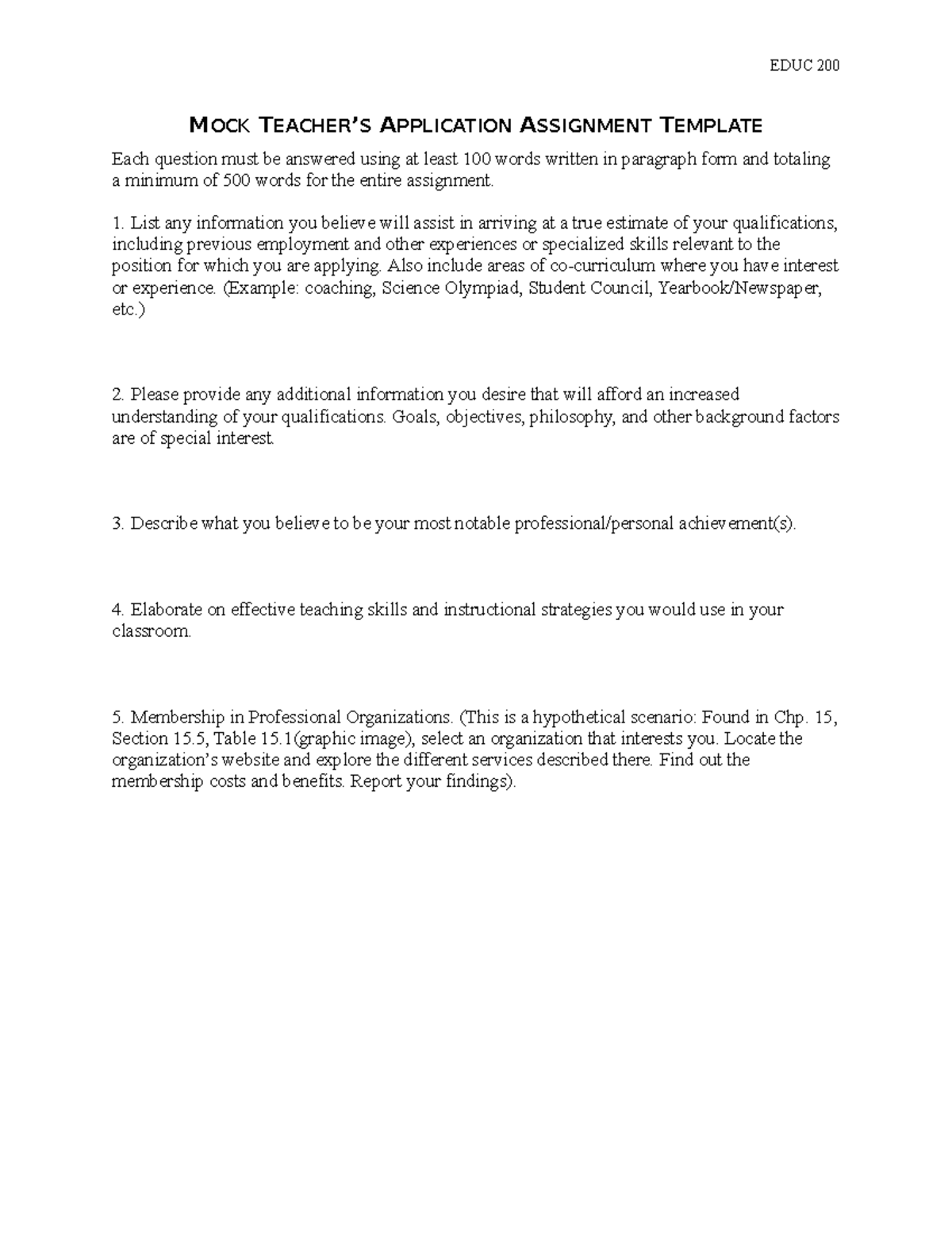 EDUC 200 Mock Teacher’s Application Assignment Guidelines - Studocu