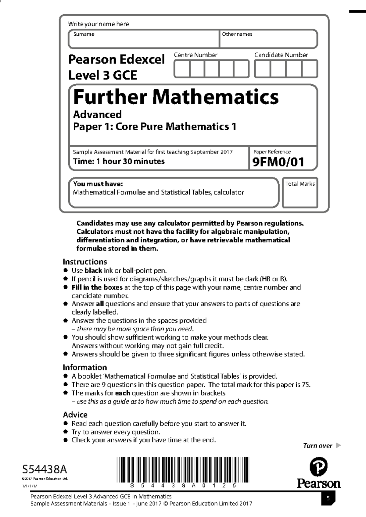 Pearson Edexcel Level 3 GCE Further Mathematics Paper 1 Sample ...