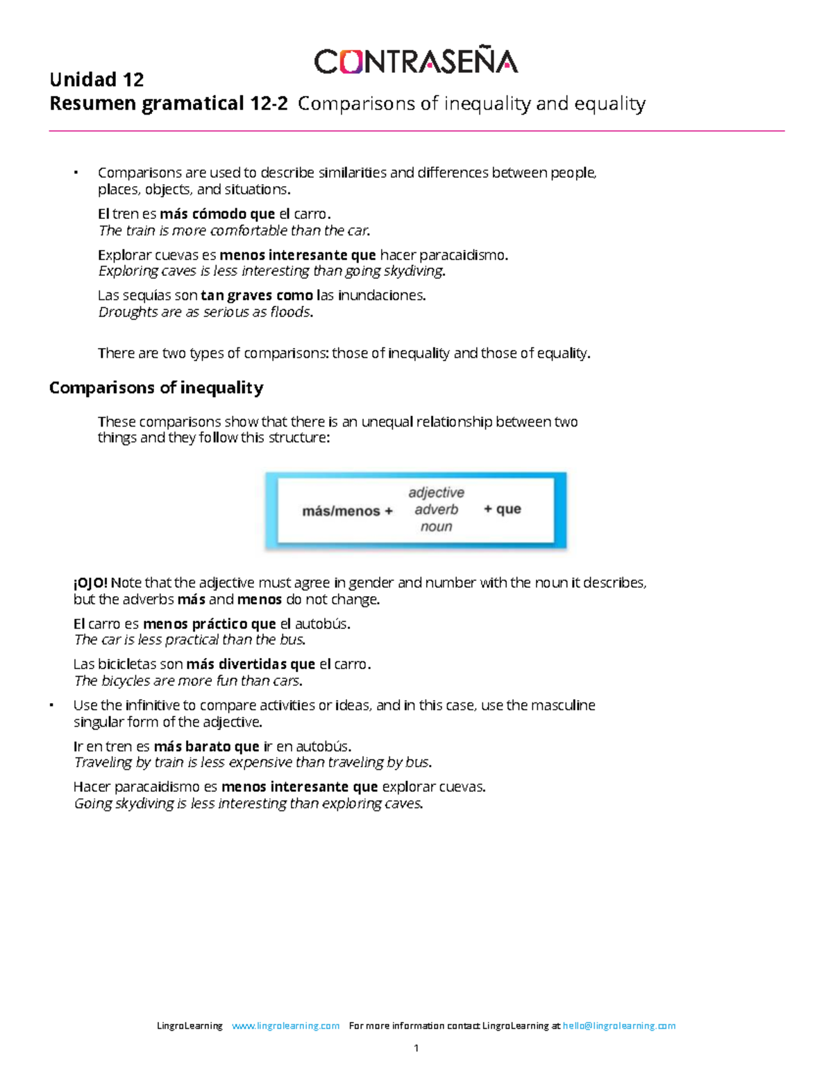 Unidad 12: Comparaciones de desigualdad e igualdad - Gramática II - Studocu