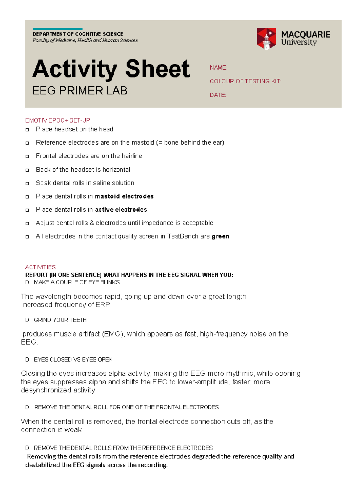 EEG Primer Lab Activity Sheet - Cognitive Science Dept. - Studocu