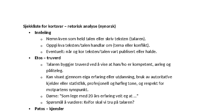 Guide for retorisk analyse (nynorsk) - Sjekkliste for kortsvar - Studocu