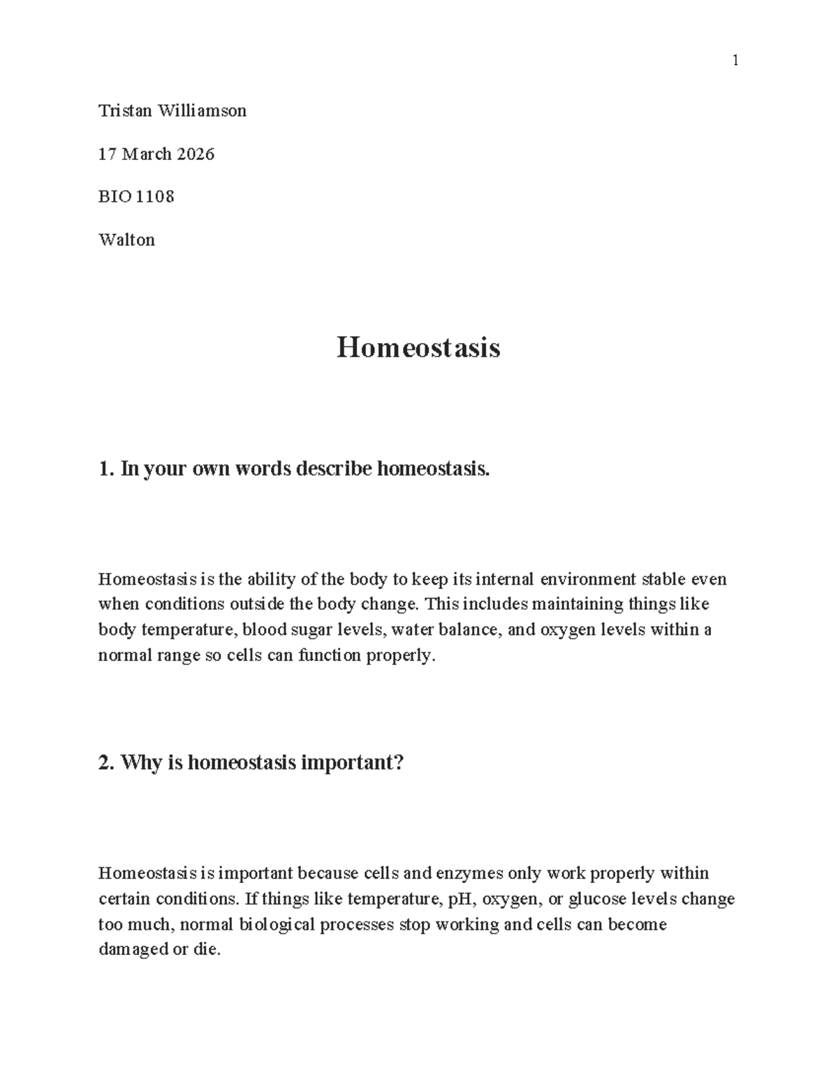 Homeostasis Assignment - BIO 1108 Final Exam Notes - Studocu