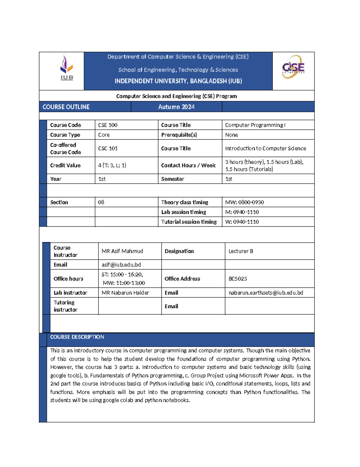 CSC 101 Course Outline: Intro to Computer Science - Autumn 2024 - Studocu