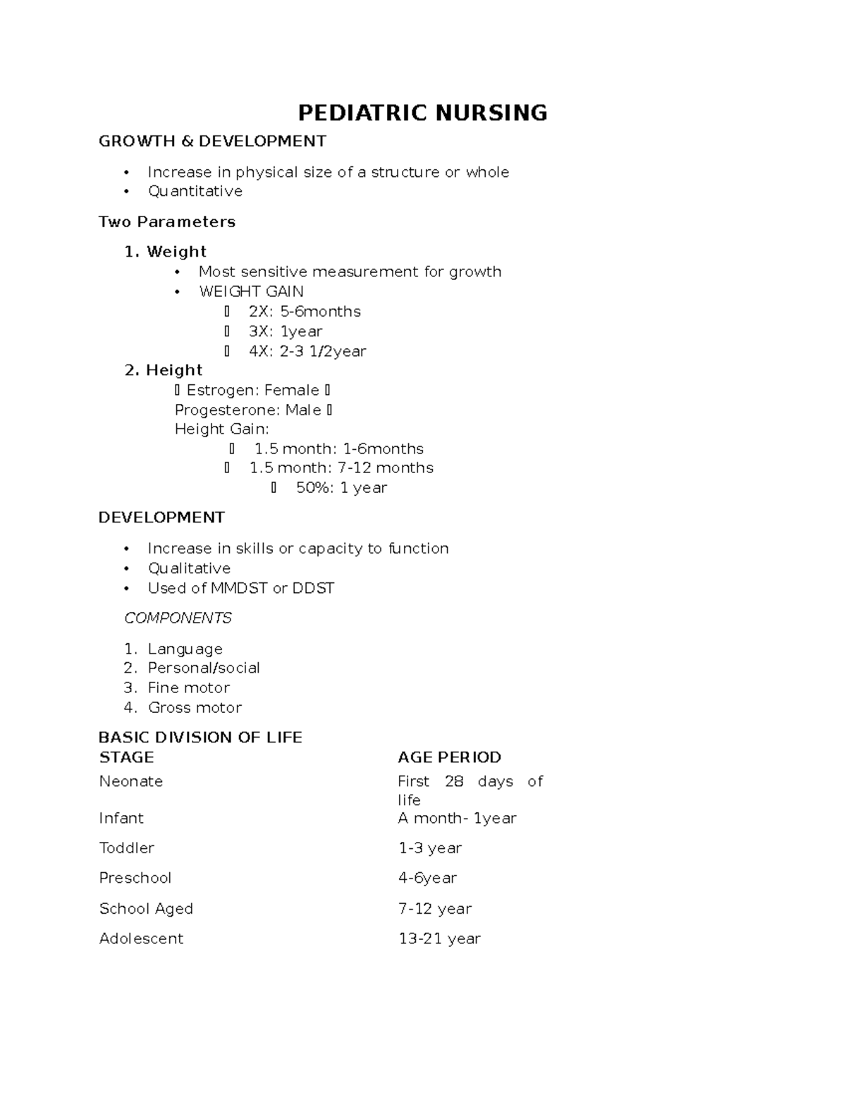 Pediatric Nursing notes - PEDIATRIC NURSING GROWTH & DEVELOPMENT ...