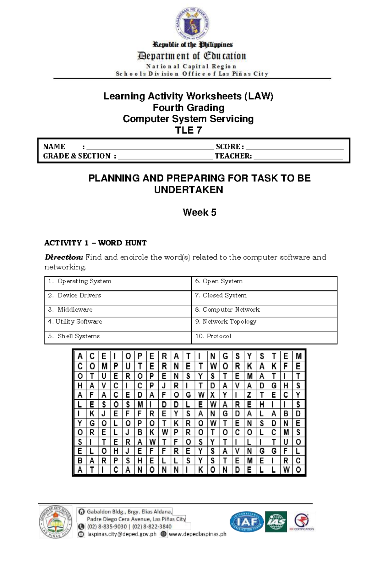 G7 TLE 7 Computer System Servicing Worksheets - Week 5 Activities - Studocu
