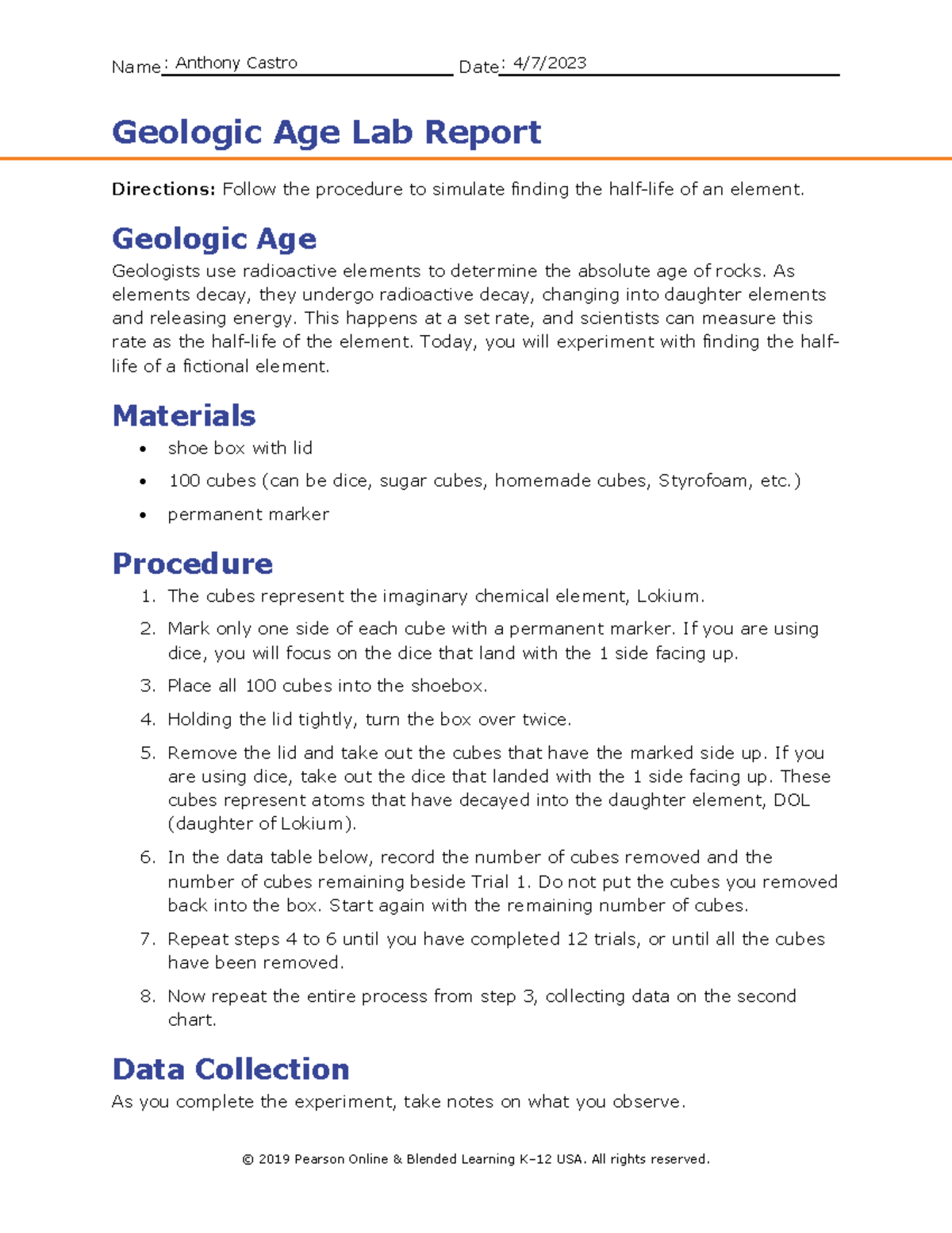 OBL ES Geosphere Geologic Age Lab: Half-Life Experiment Wkst RE 2 - Studocu