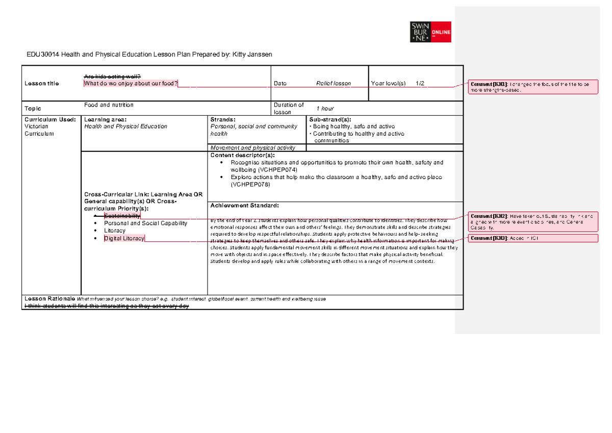 EDU30014 Health & PE Lesson Plan: Exploring Food Enjoyment & Nutrition ...