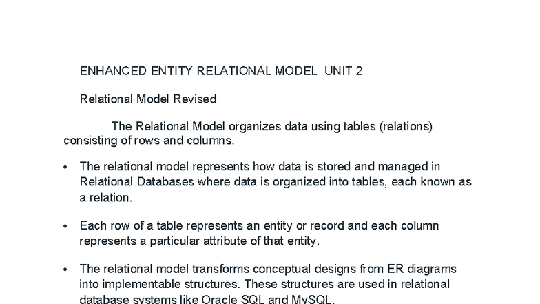 Enhanced Entity-Relational Model: Unit 2 Overview and Key Concepts - Studocu