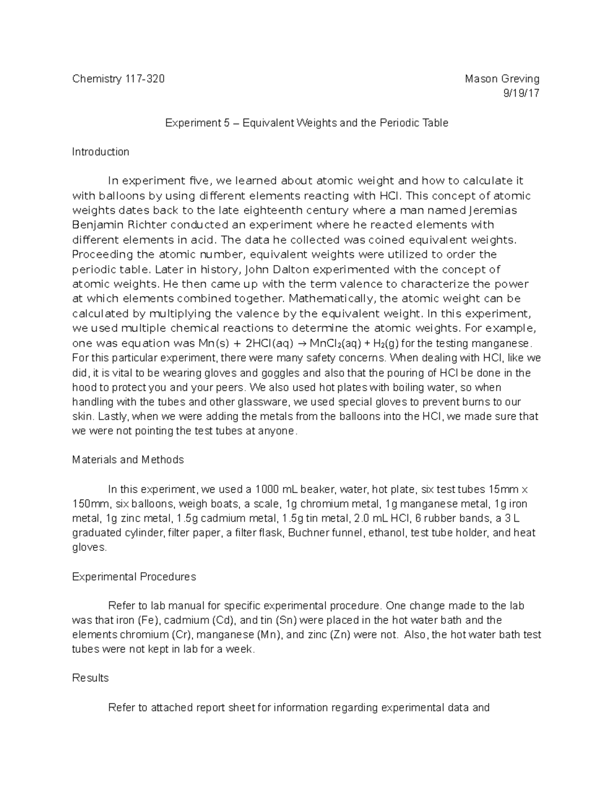 Chem Lab #5 - Lab report #5 - Chemistry 117-320 Mason Greving 9/19 ...