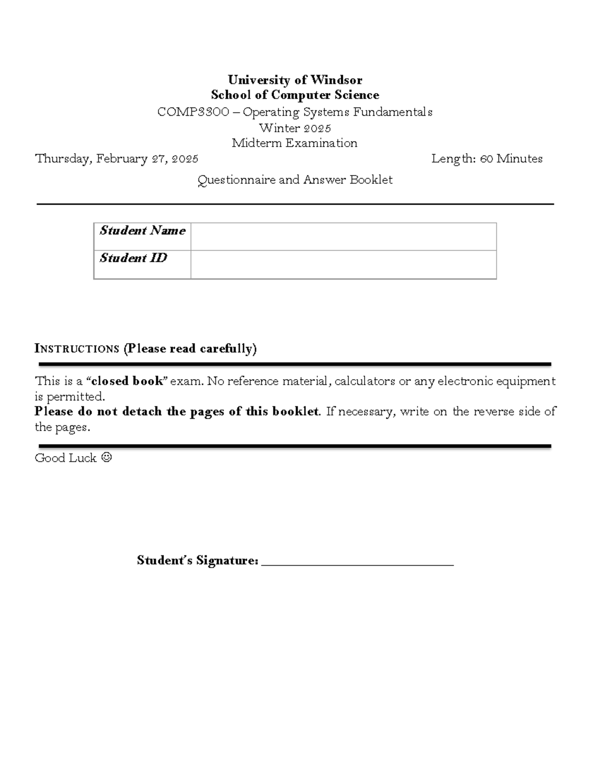 COMP3300 Operating Systems Fundamentals Winter 2025 Midterm Exam ...