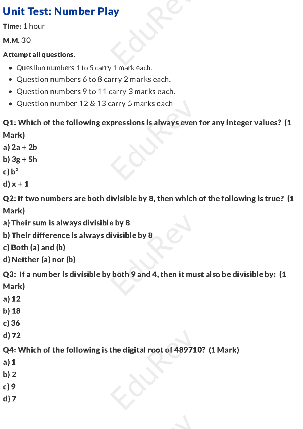 Edu Rev Unit Test: Number Play (1 Hour, M.M. 30) - Studocu