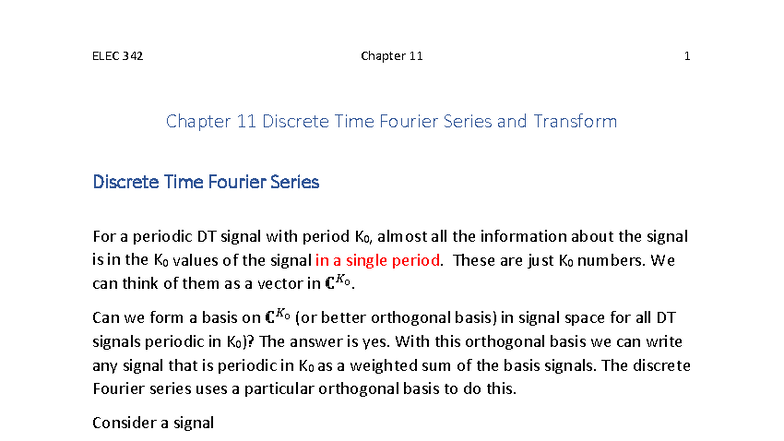 ELEC 342 Chapter 11 Summary: Discrete Time Fourier Series & Transform ...