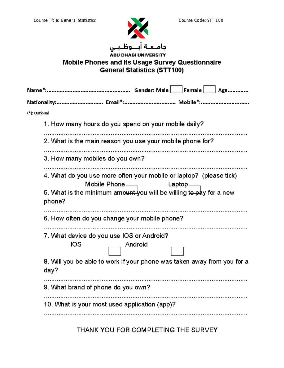 STT 100 Mobile Phones Usage Survey Questionnaire Template - Studocu