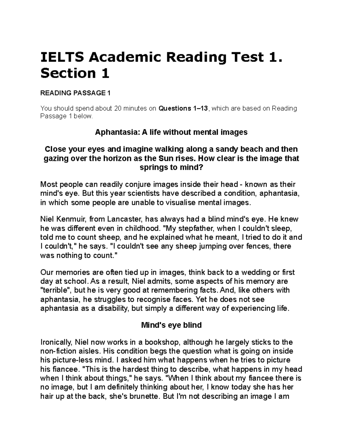 Ielts Academic Reading Test 1 - IELTS Academic Reading Test 1. Section ...