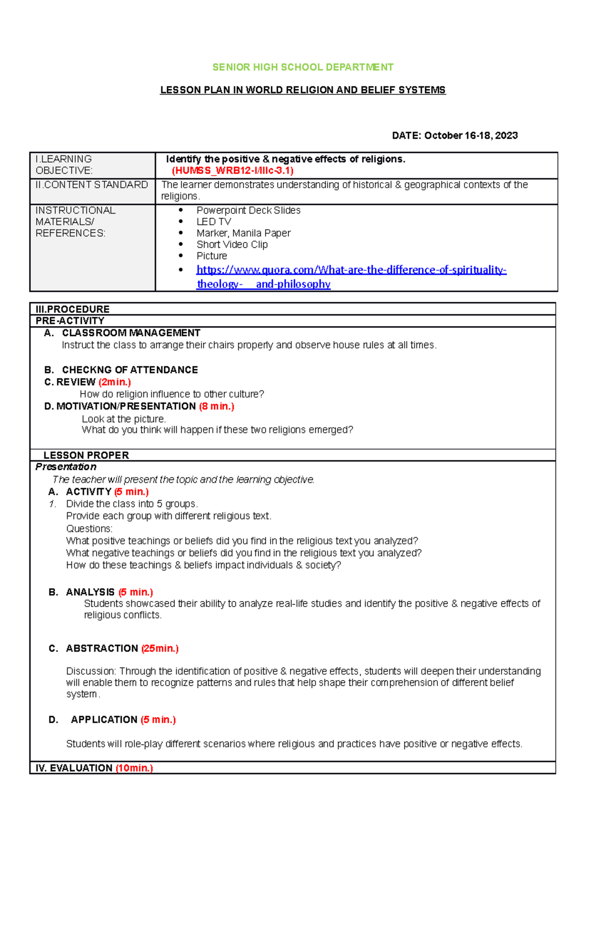 HUMSS_WRB12 - Weekly Lesson Plans for World Religion (Oct 16-25, 2023 ...