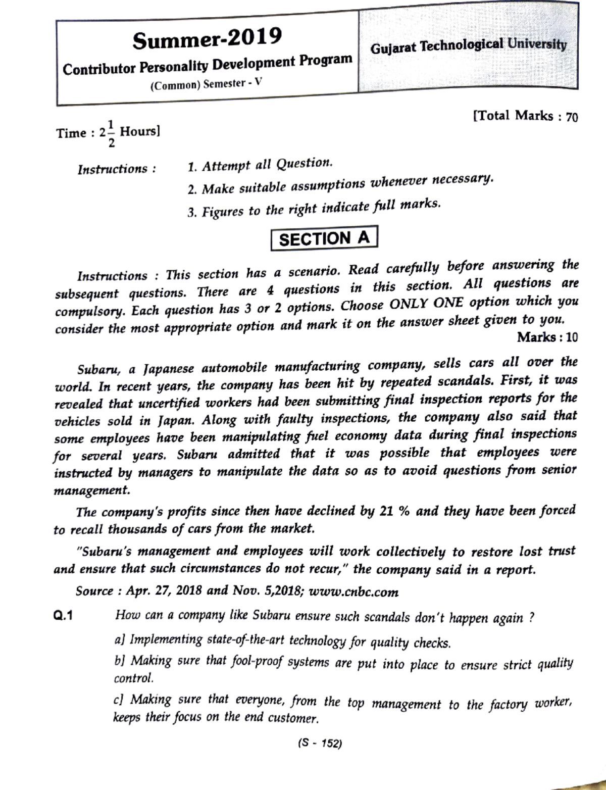 GTU S-153 Summer 2019: Personality Development Practice Paper - Studocu